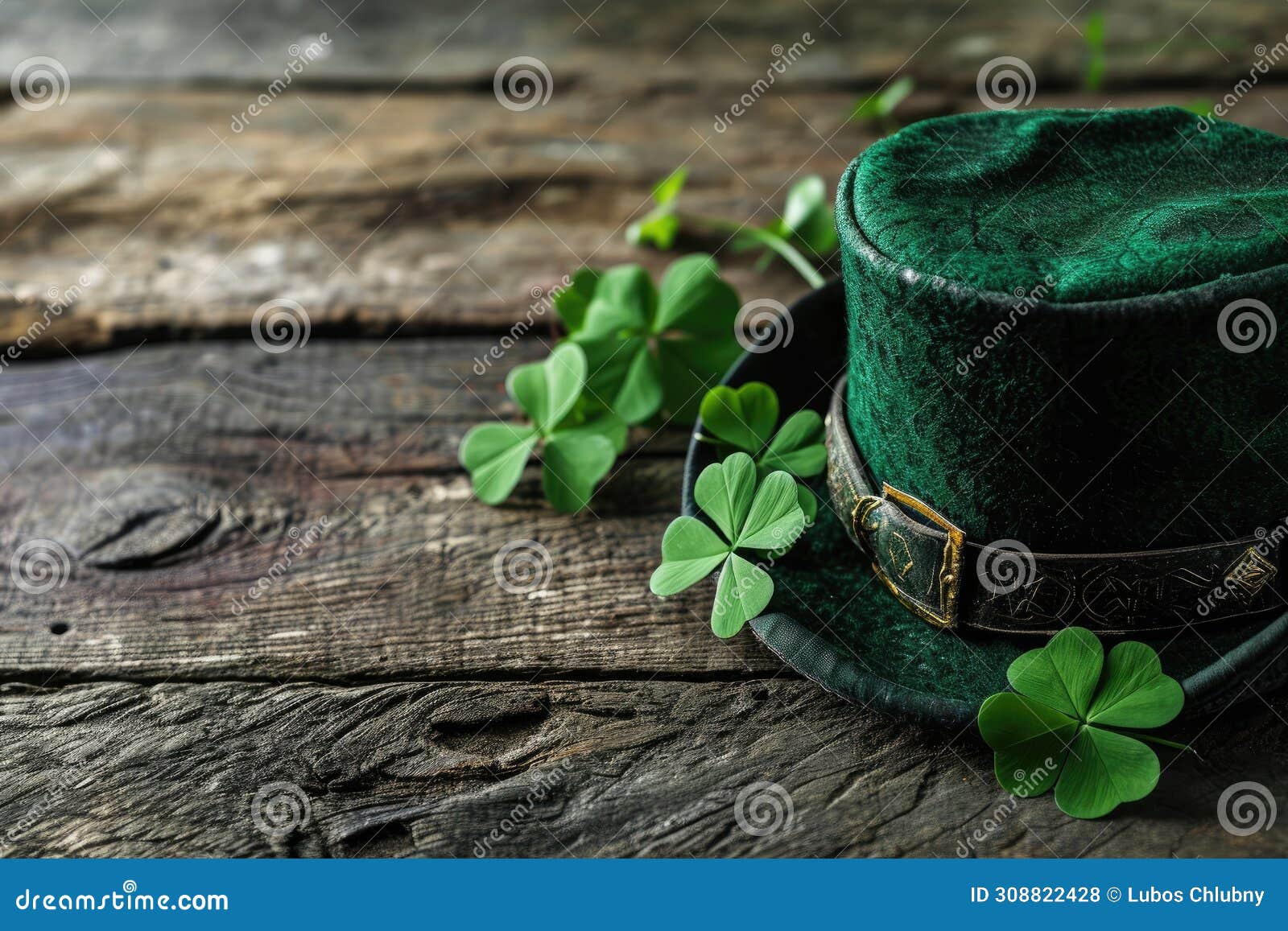 A Green Hat and Four Leaf Clovers on a Wood Surface Stock Illustration - Illustration of wooden ...