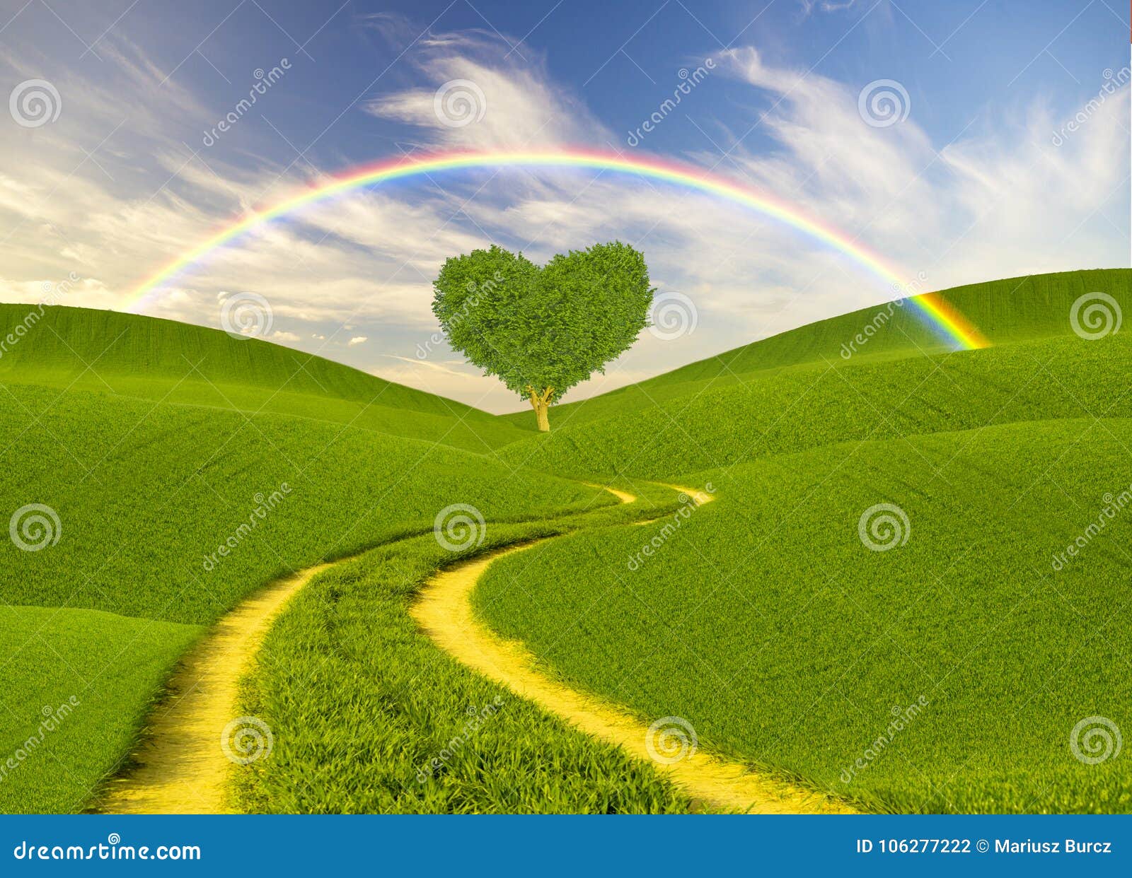 Green Heart-shaped Tree on a Spring Meadow,rainbow Stock Photo - Image ...