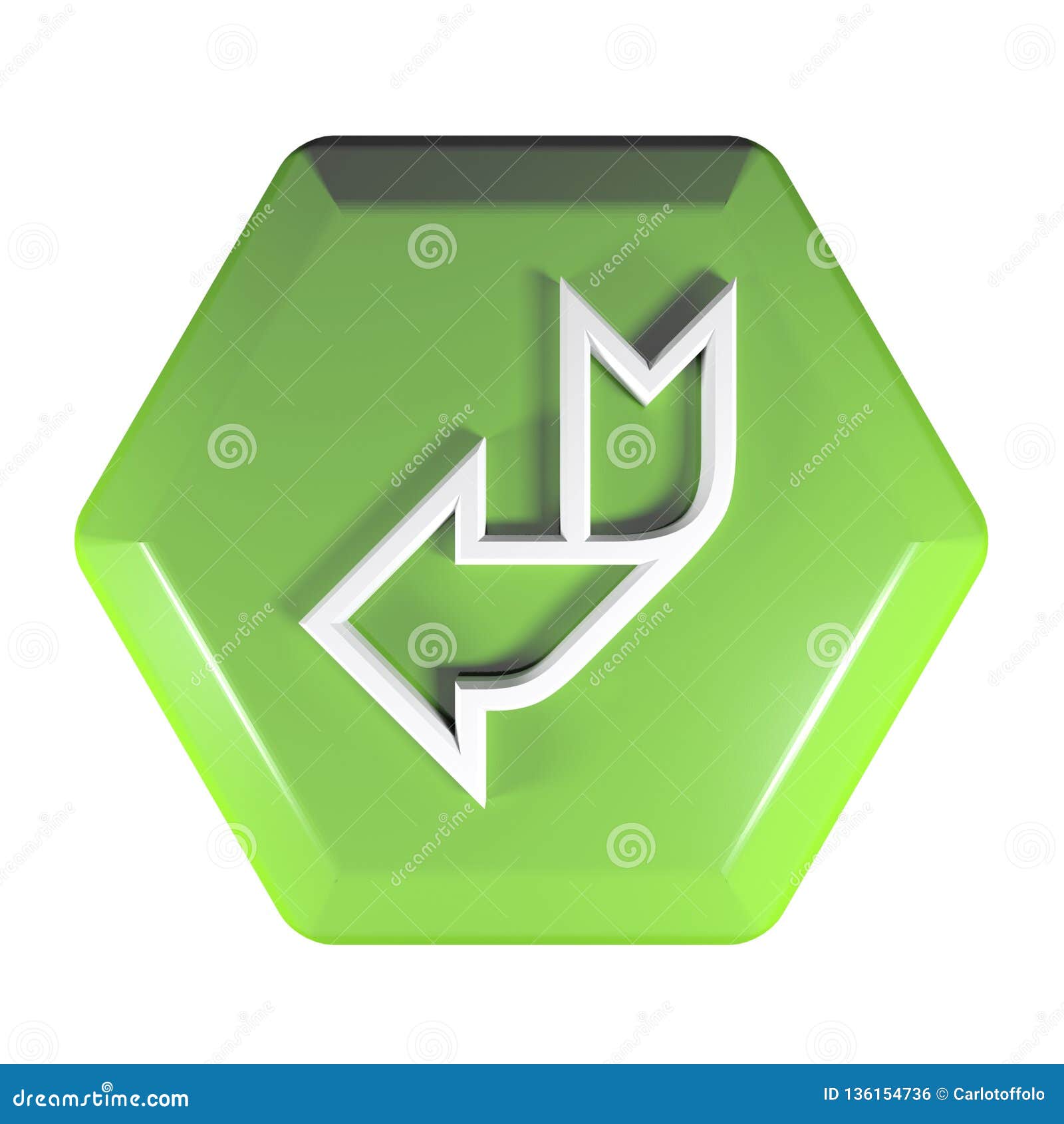 Green Hexagon Push Button Arrow Down and Left - 3D Rendering ...