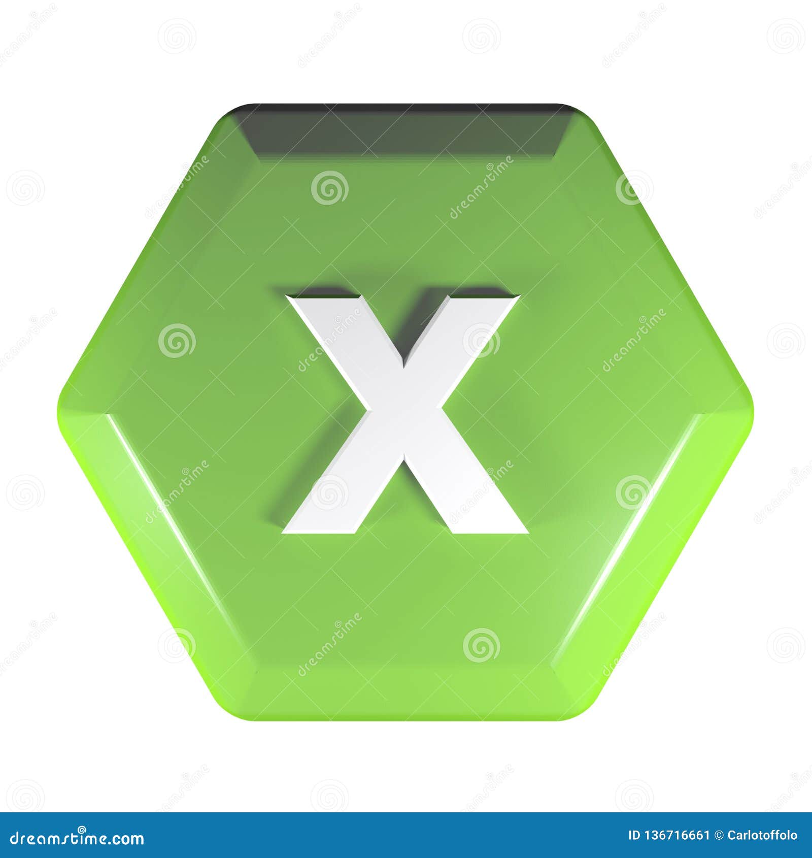 Green Hexagonal Push Button with the Sign X for the Multiplication ...