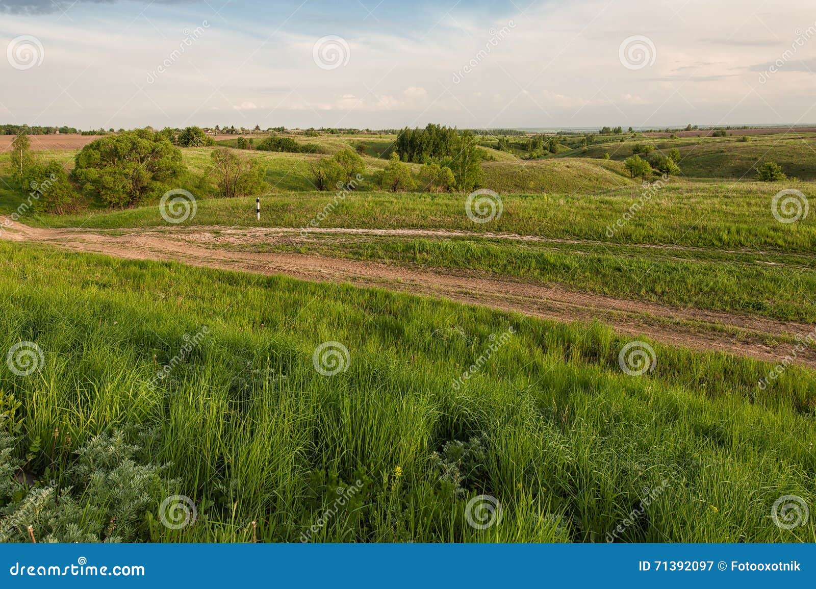 Green Hilly Meadow with Blue Cloudy Sky Stock Image - Image of season ...