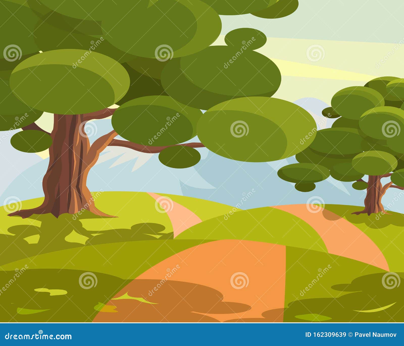 Footpath in a Meadow with Trees. Vector Illustration. Stock Vector ...
