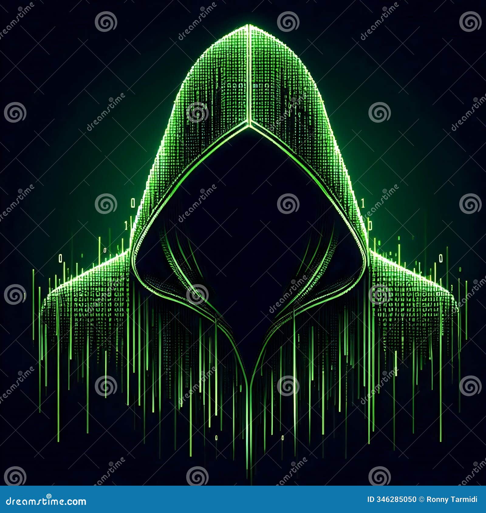 A Green Hooded Figure with a Face Made of Code Stock Illustration ...
