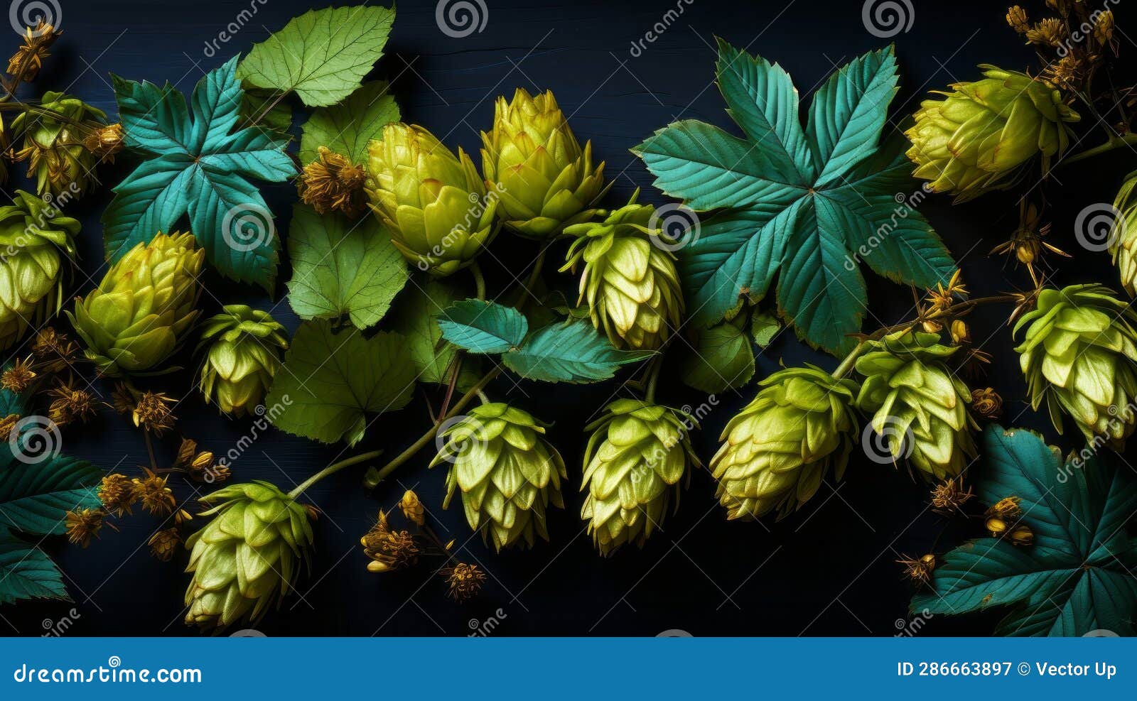 Green Hops on Background Top View. Generative AI. Stock Illustration ...