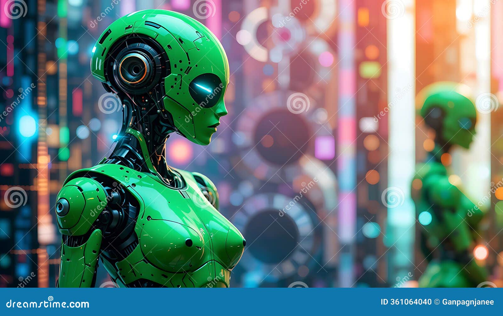 Green Humanoid Robots in Blue Abstract Tecnology Background. AI Robots ...
