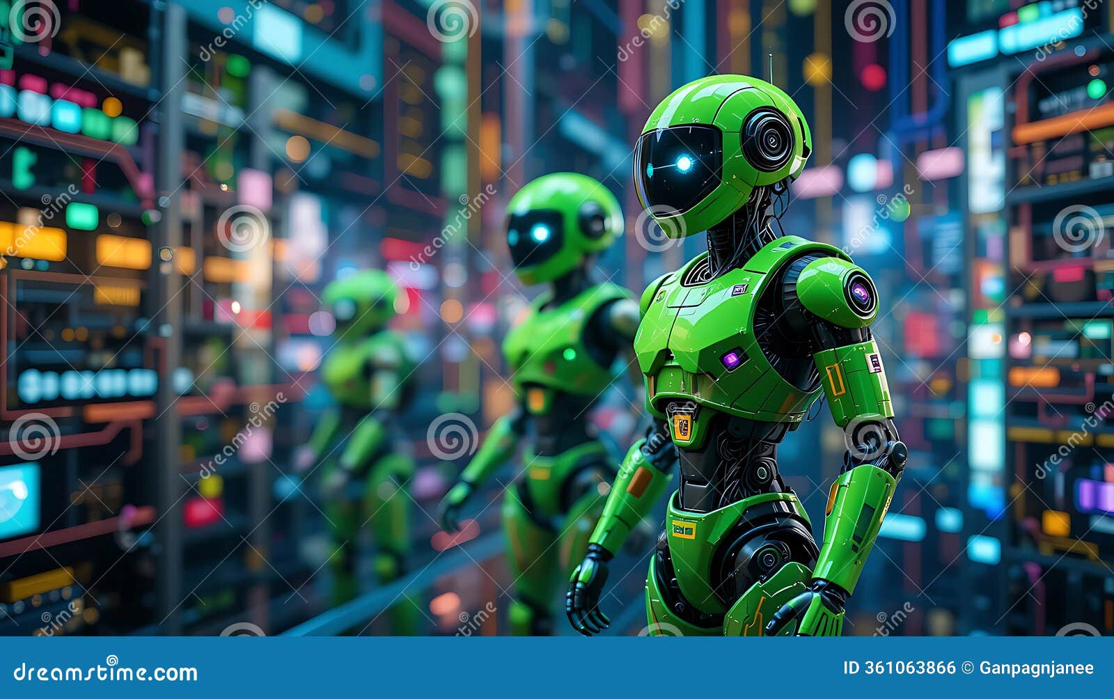 Green Humanoid Robots in a Neon-lit, High-tech Environment. AI Robots ...