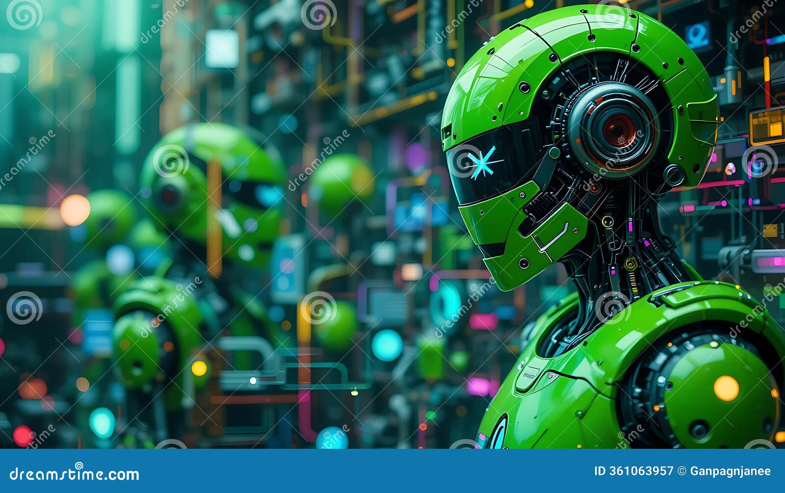 Green Humanoid Robots in a Neon-lit, High-tech Environment. AI Robots ...