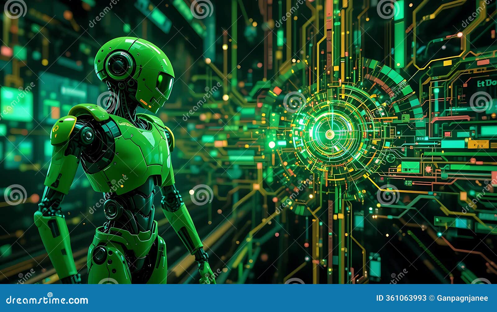 Green Humanoid Robots in a Neon-lit, High-tech Environment. AI Robots ...