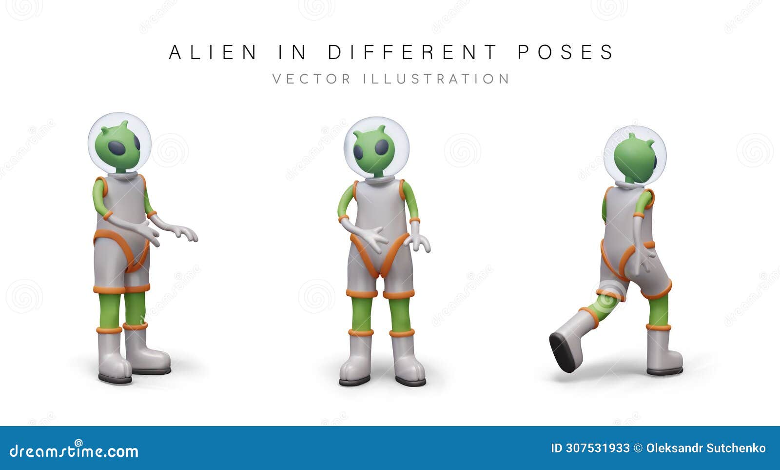 Green Humanoid in Various Poses. Alien in Space Suit, Front View, Back ...