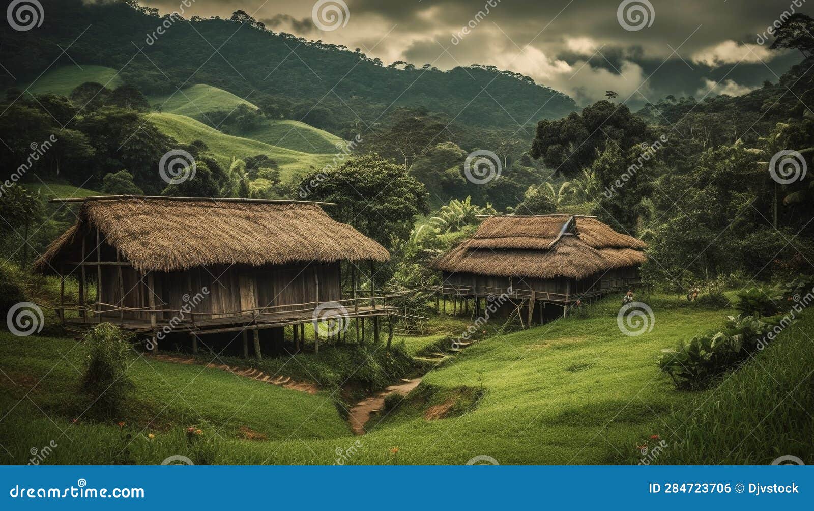 Green Hut on Rice Paddy in Rustic Mountain Landscape Generated by AI ...