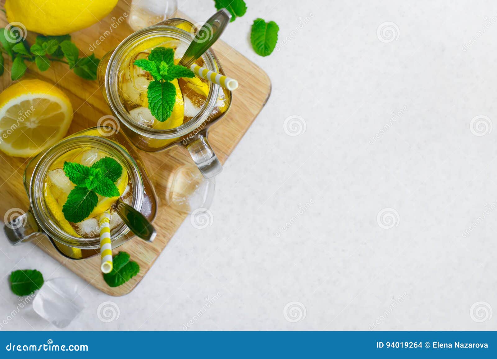 Green Ice Tea with Lemon and Mint in a Glass Jar. Top View with Stock ...