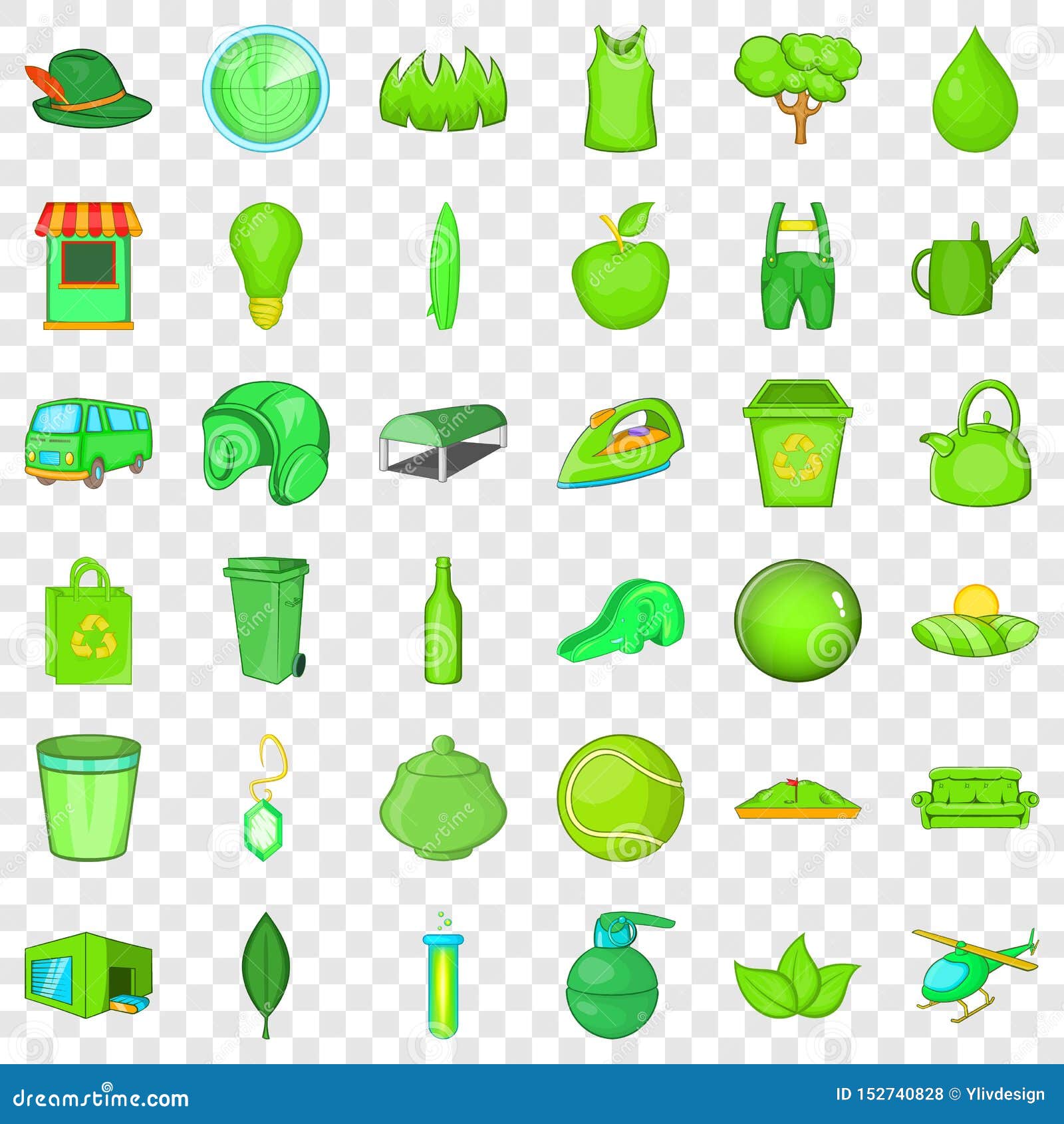 Green Icons Set, Cartoon Style Stock Vector - Illustration of ecology ...