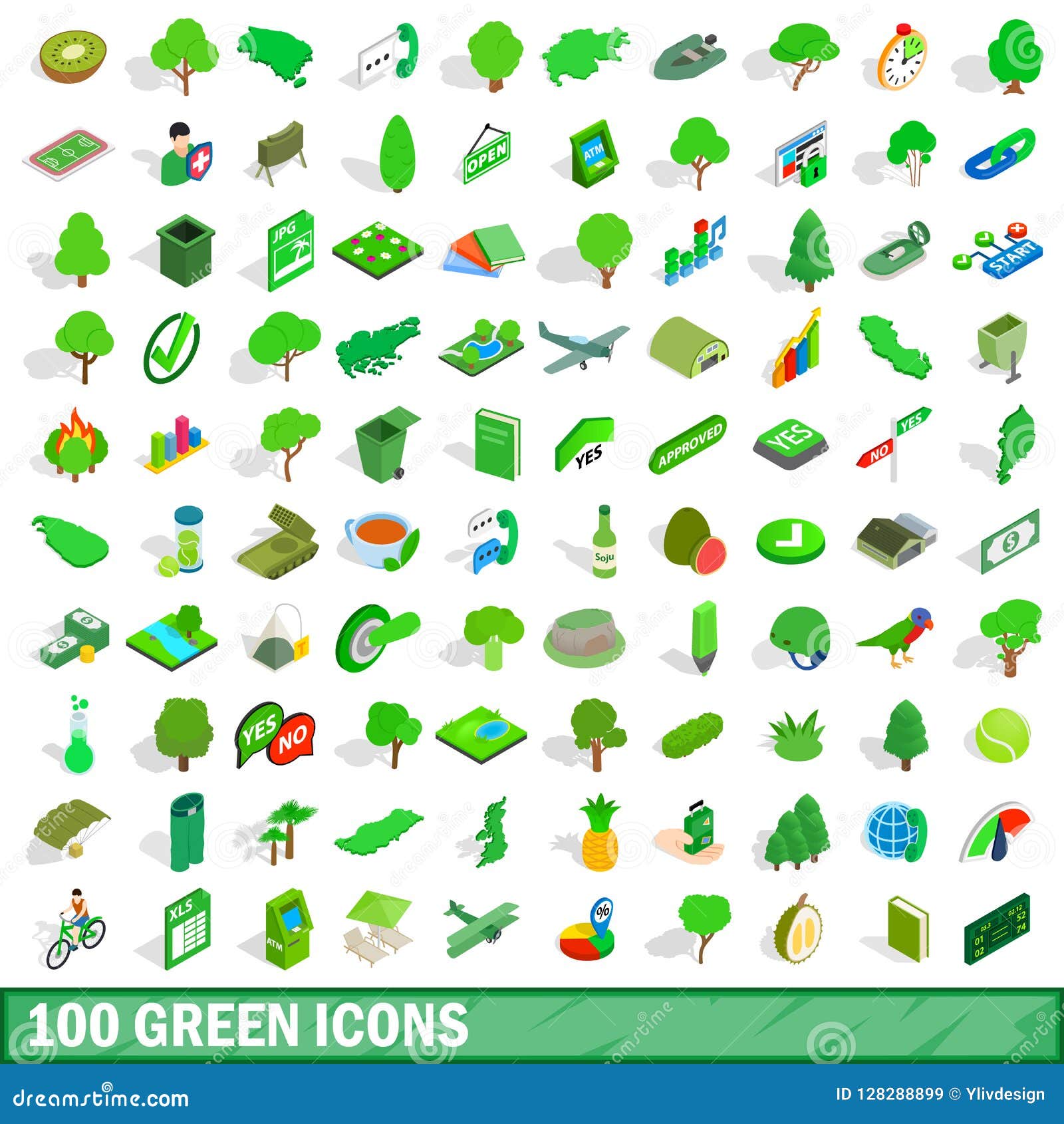 100 Green Icons Set, Isometric 3d Style Stock Illustration ...