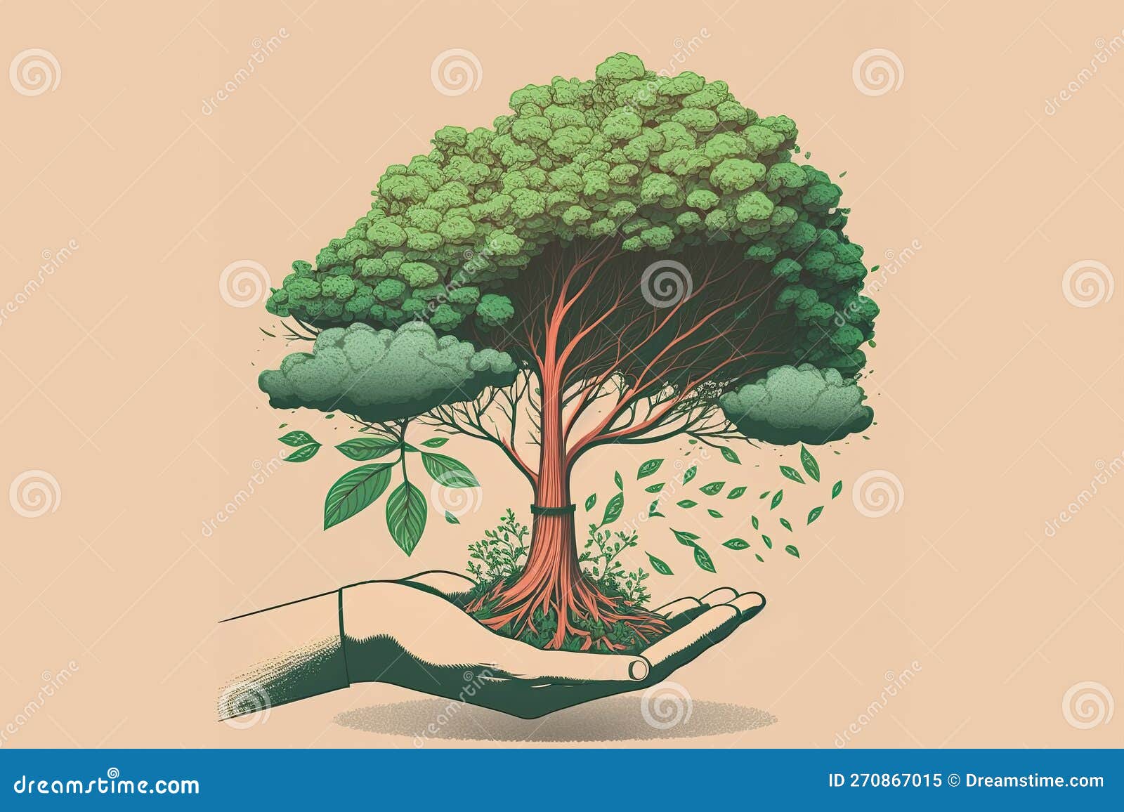 A Green Illustration of a Hand Supporting a Tree. Generative AI Stock ...