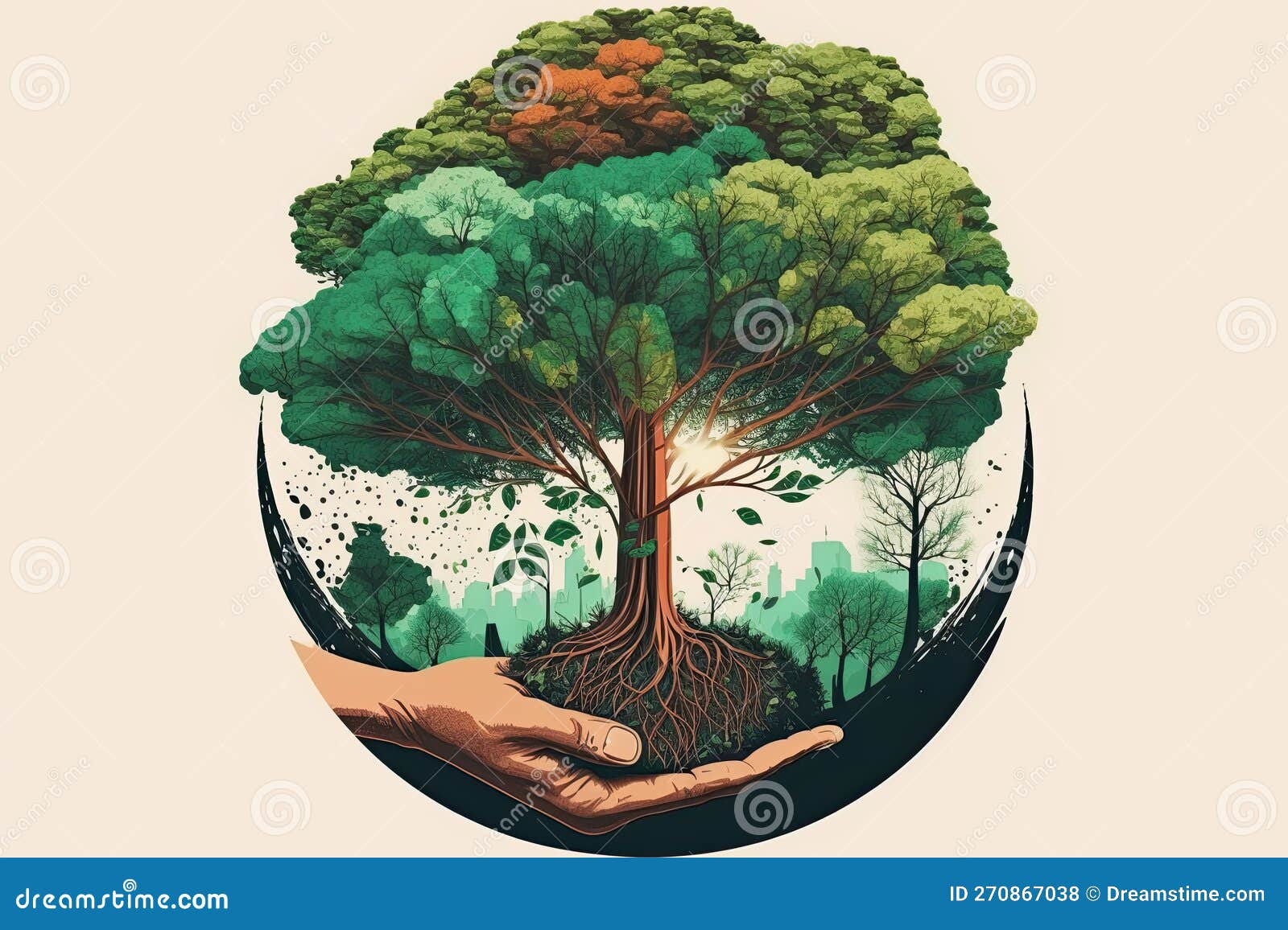 A Green Illustration of a Hand Supporting a Tree. Generative AI Stock ...