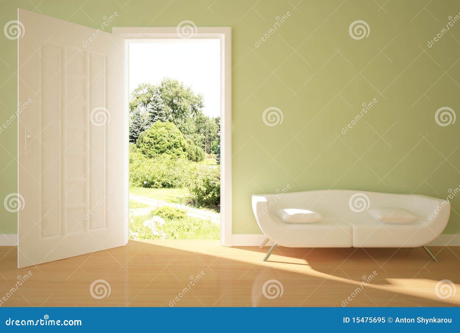 Green Interior Concept with Open Door Stock Illustration - Illustration ...