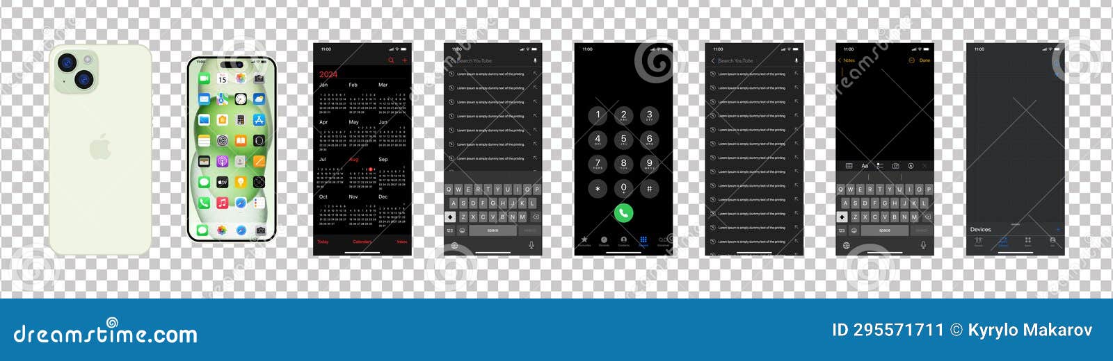 Green Iphone 15 Pro Interfaces. Apple Mockup. Front, Back Side of the ...