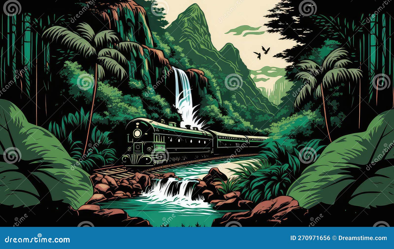 Green Jungle, Train and Waterfall, Digital Illustration. Generative AI ...