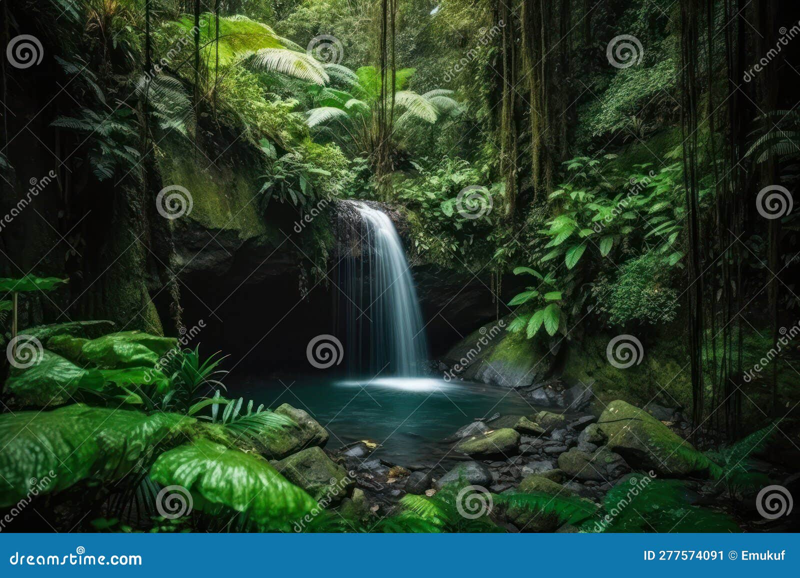 Jungle Waterfall Vector Illustration. Fantasy Mystical Fauna. Tropical ...