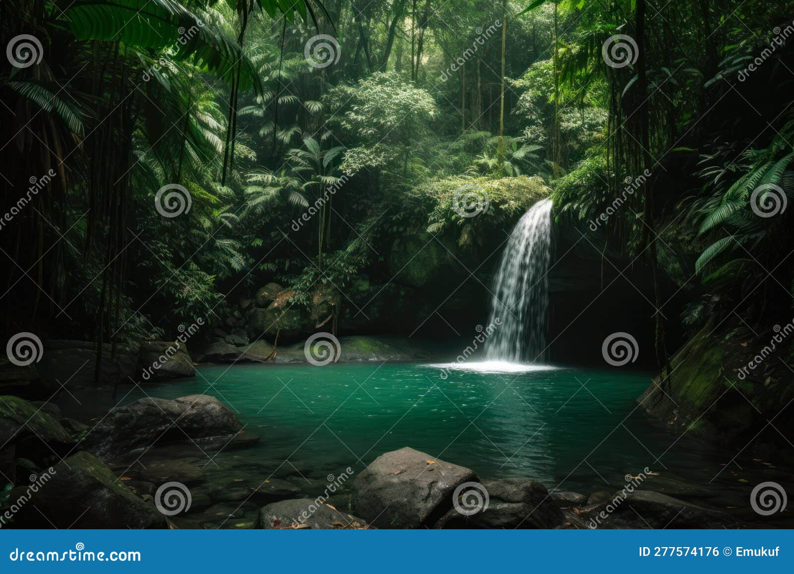 Jungle Waterfall Vector Illustration. Fantasy Mystical Fauna. Tropical ...