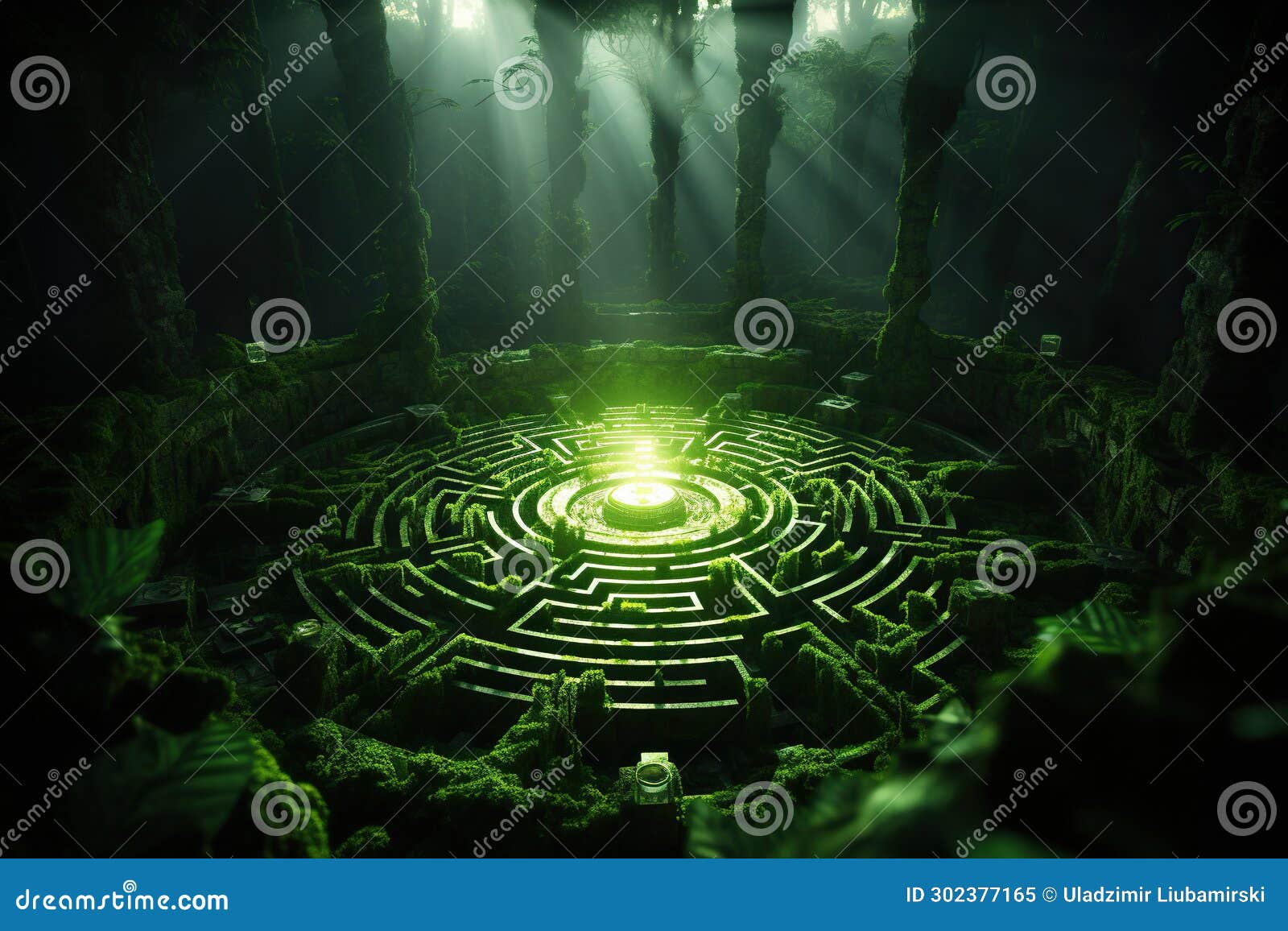 Green Labyrinth with a Light Source in the Center. Generative AI Stock ...