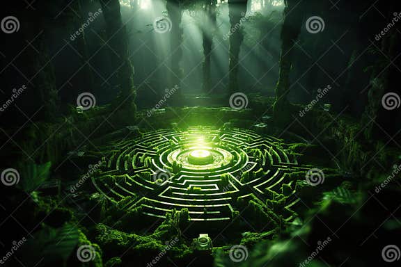 Green Labyrinth with a Light Source in the Center. Generative AI Stock ...