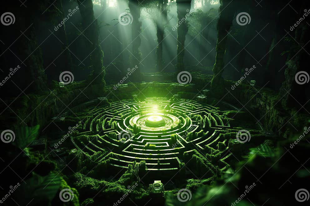 Green Labyrinth with a Light Source in the Center. Generative AI Stock ...