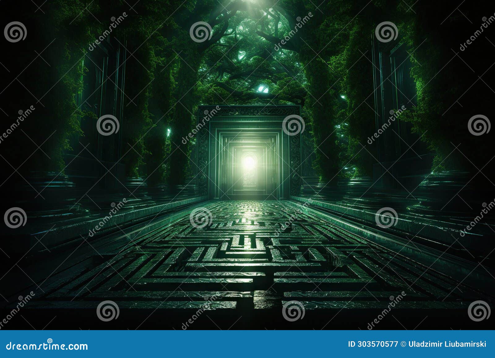 Green Labyrinth with a Light Source in the Center. Generative AI Stock ...