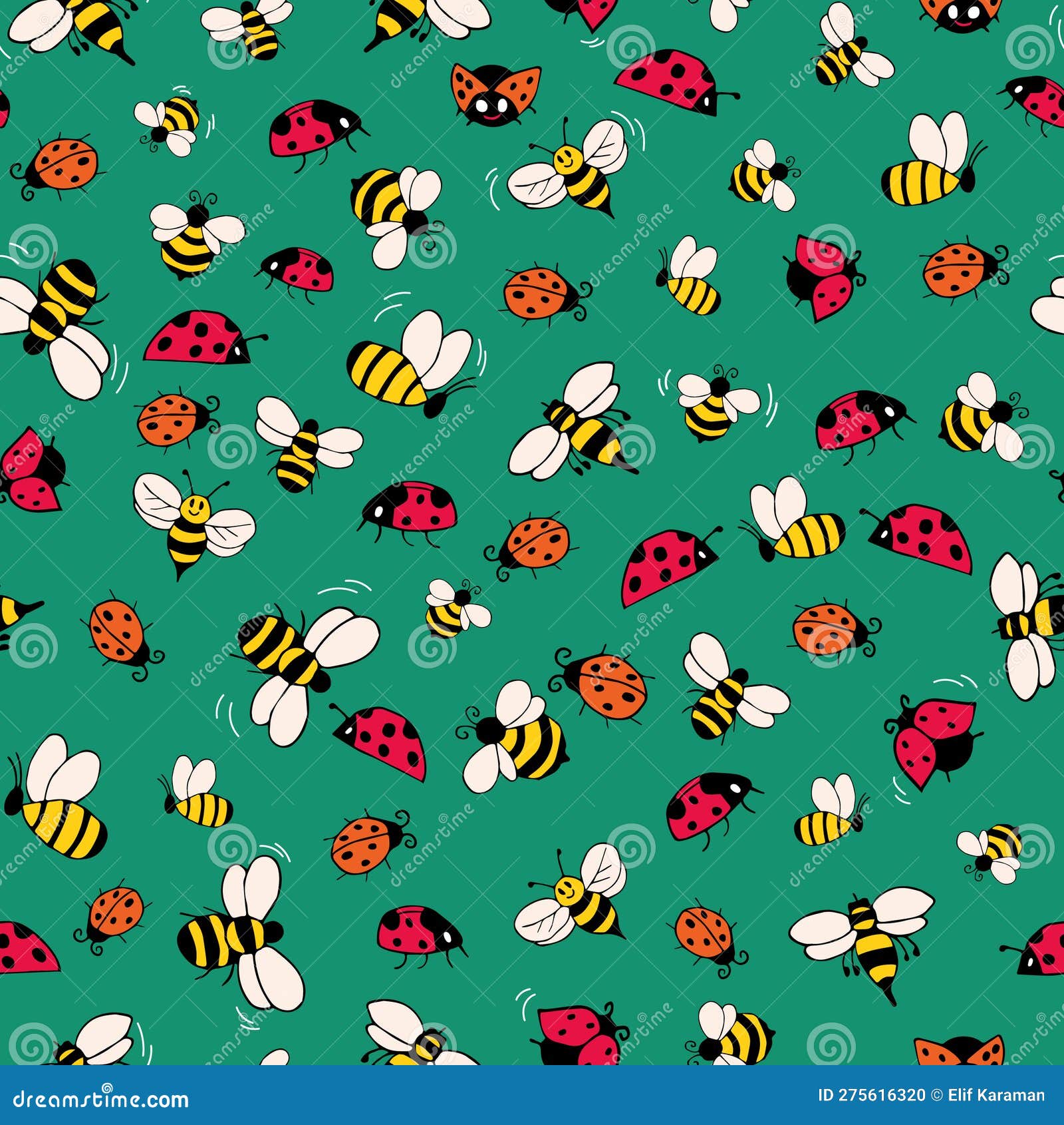 Green Ladybugs and Bees Seamless Pattern Background. Summer Pattern ...
