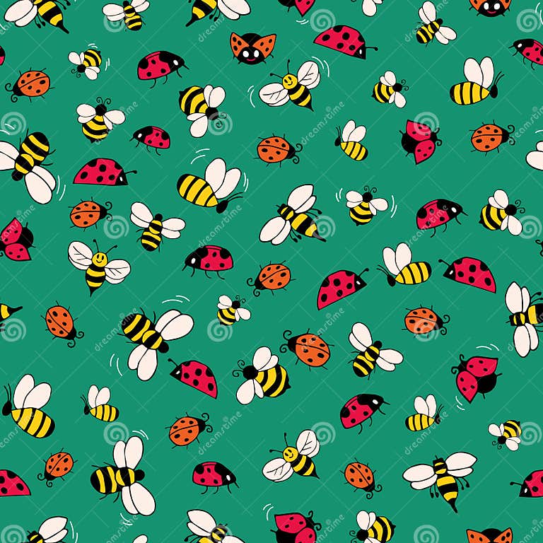 Green Ladybugs and Bees Seamless Pattern Background. Summer Pattern ...