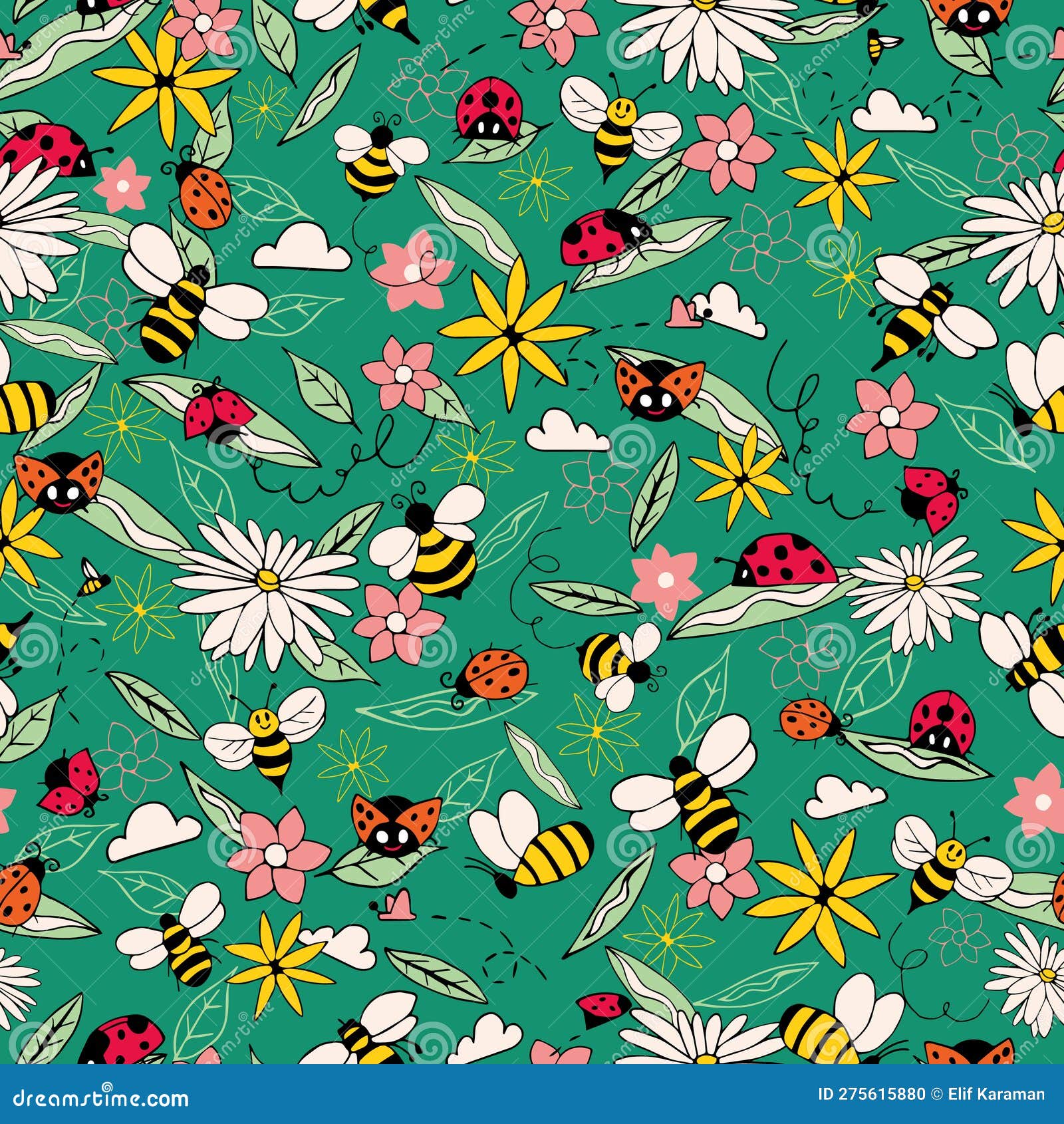 Green Ladybugs and Bees Seamless Pattern Background. Summer Pattern ...