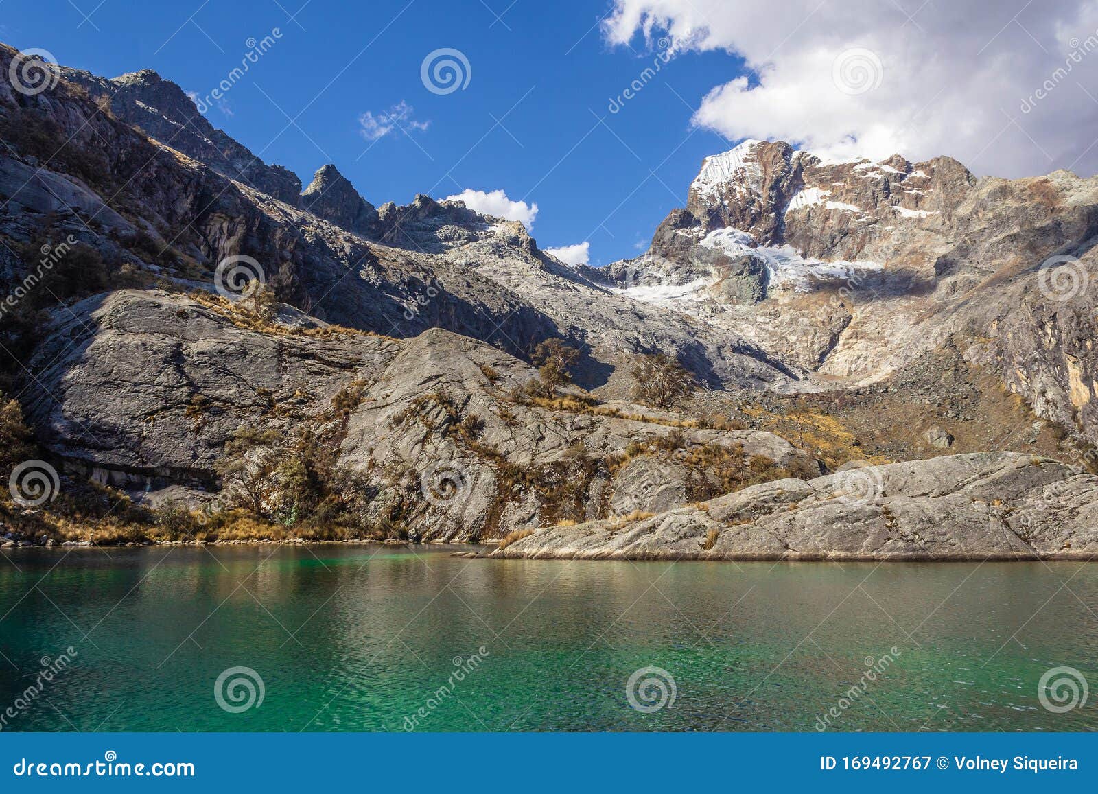 Green Lake and Mountain with Snowpeak in Peru Stock Image - Image of ...