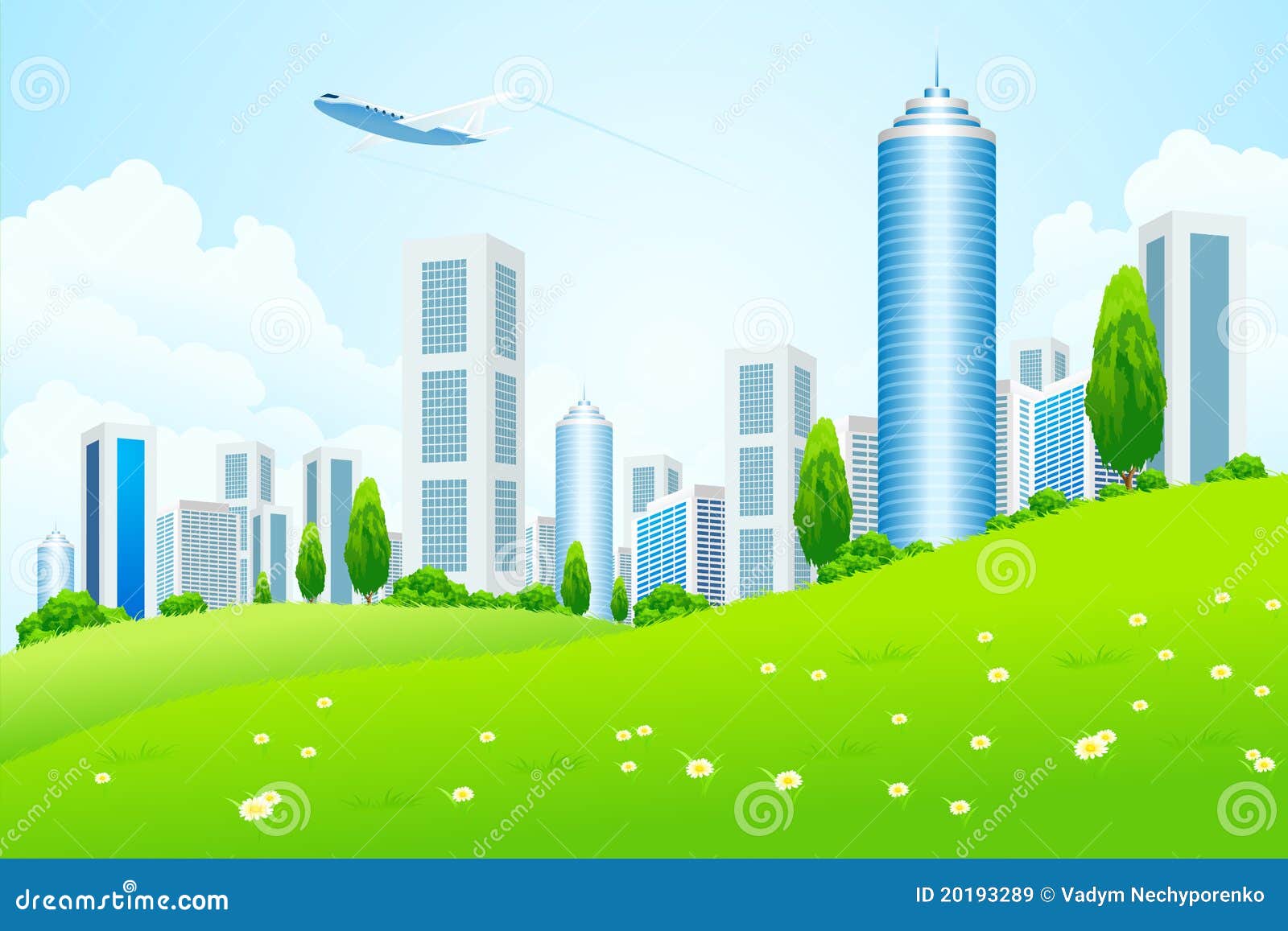 Green landscape with city stock vector. Illustration of architecture ...