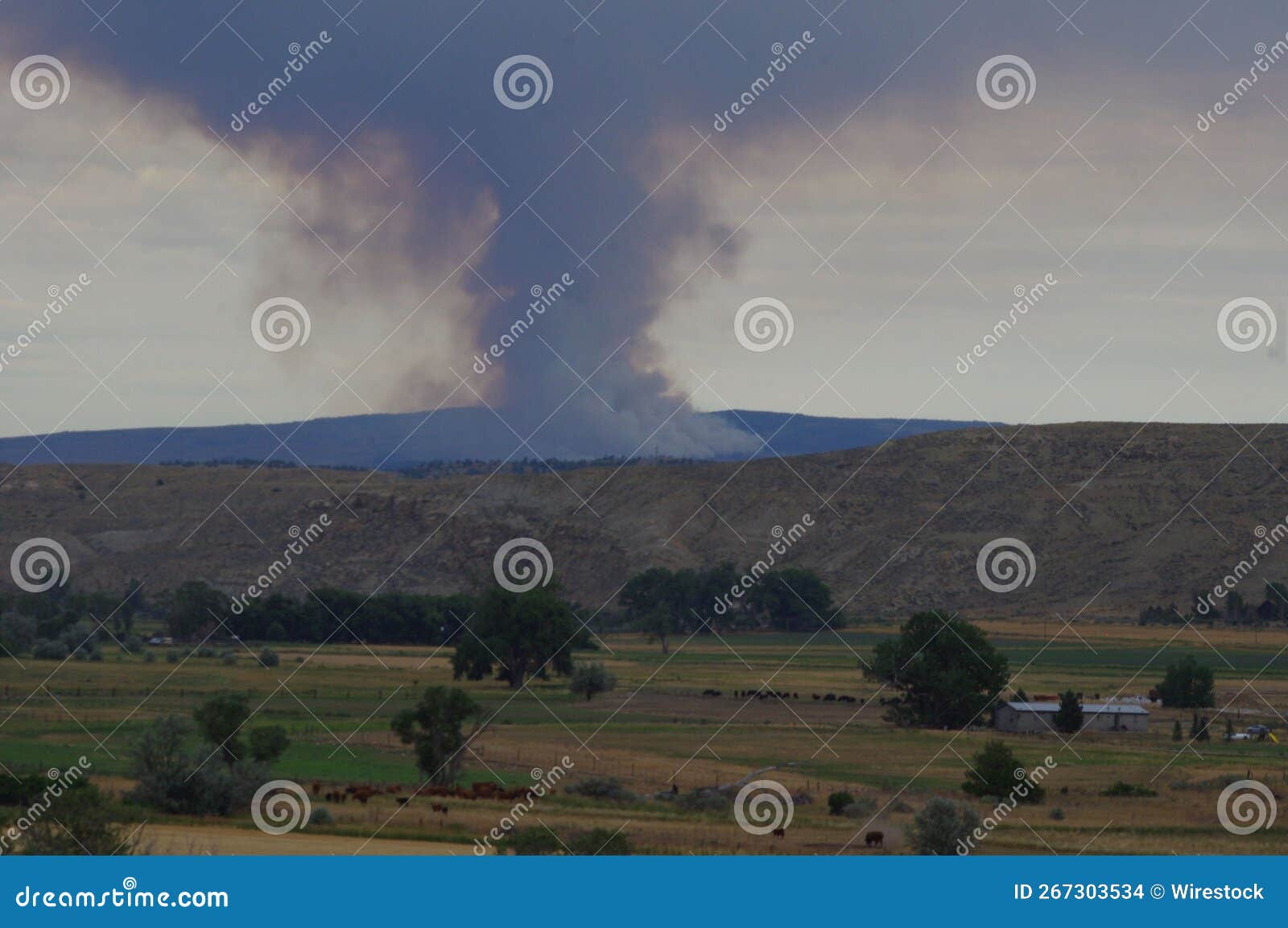 Green Landscape with Mountains and Wildfire Smoke Behind Them Stock ...