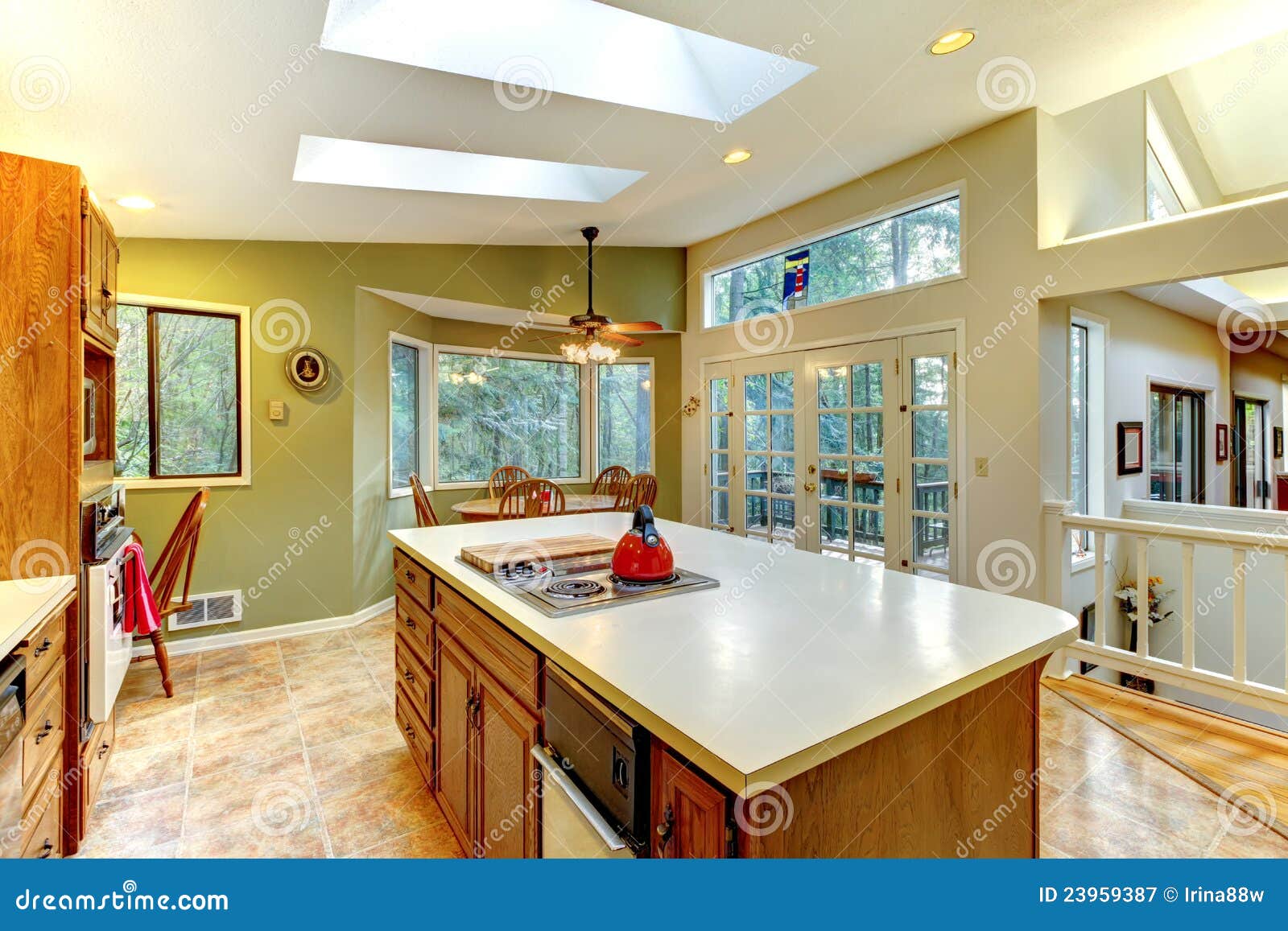 Green Large Country Kitchen with Forest View. Stock Image - Image of ...