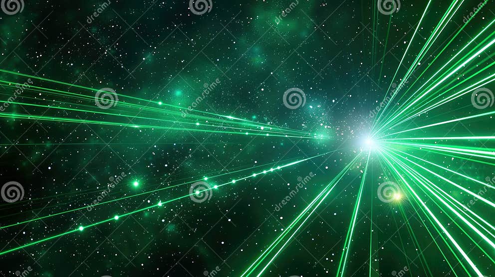 Green Laser Rays in Dark Space on Stars Background, Lines of Abstract ...