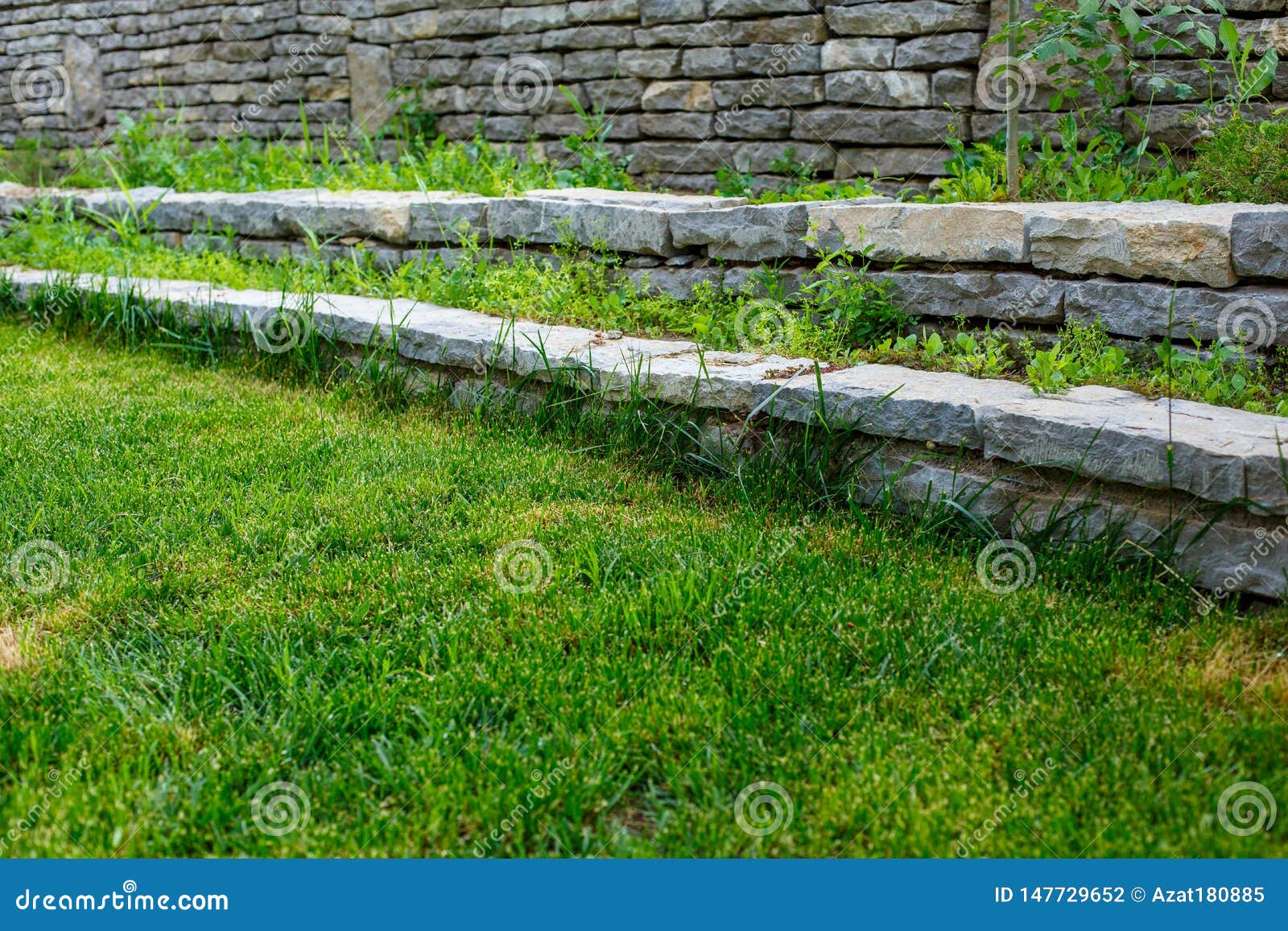 Green Lawn and Stone Path with Stone Walls Stock Photo - Image of ...