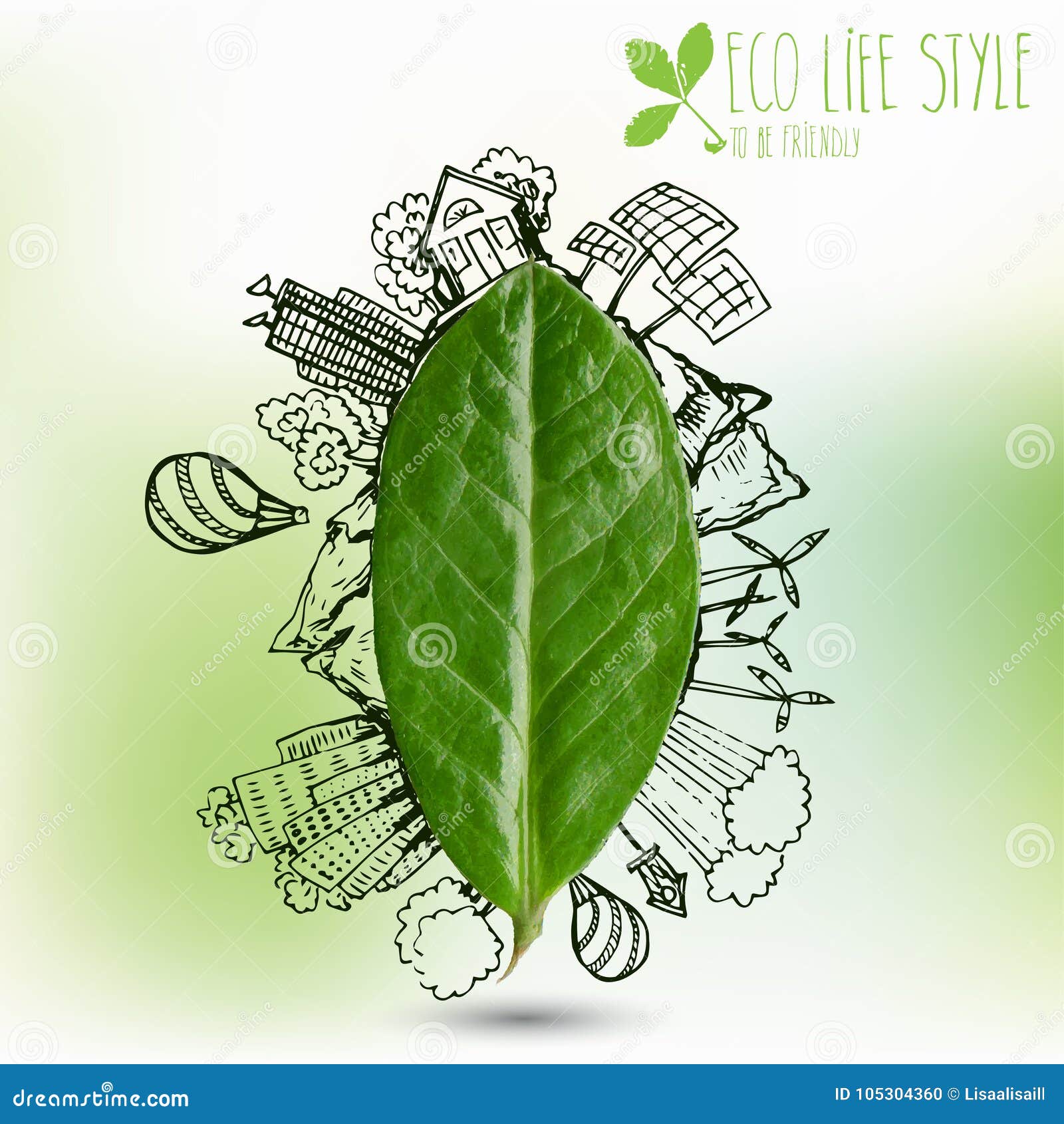 Green Leaf with Circle Ecology Doodles. Sketched Eco Elements with Tree ...