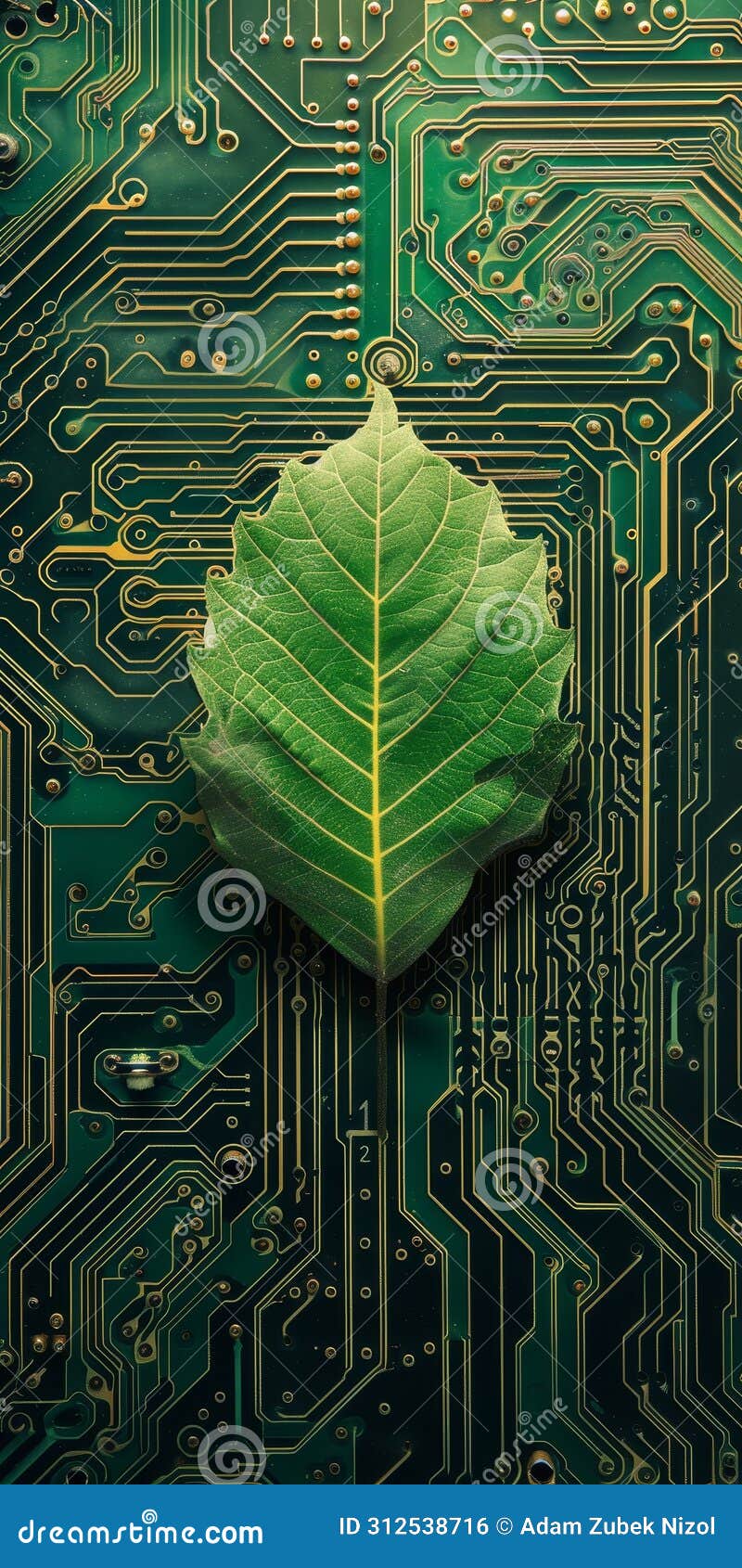 Green Leaf on a Circuit Board Representing Eco-friendly Technology ...
