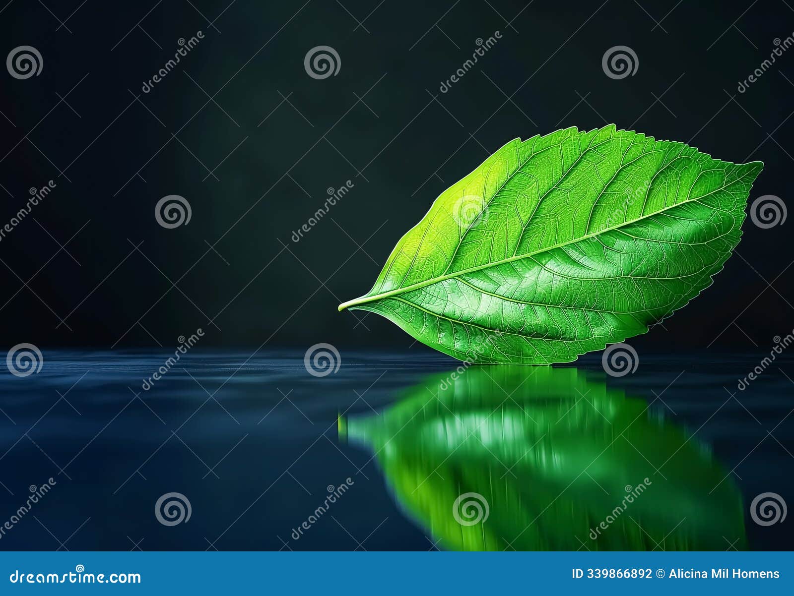 Green Leaf on a Reflective Surface Minimalist Black Background Stock Illustration - Illustration ...