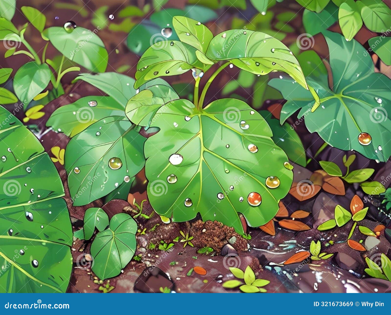 A Green Leaf Wet with Rainwater in Cartoon Form Stock Illustration ...