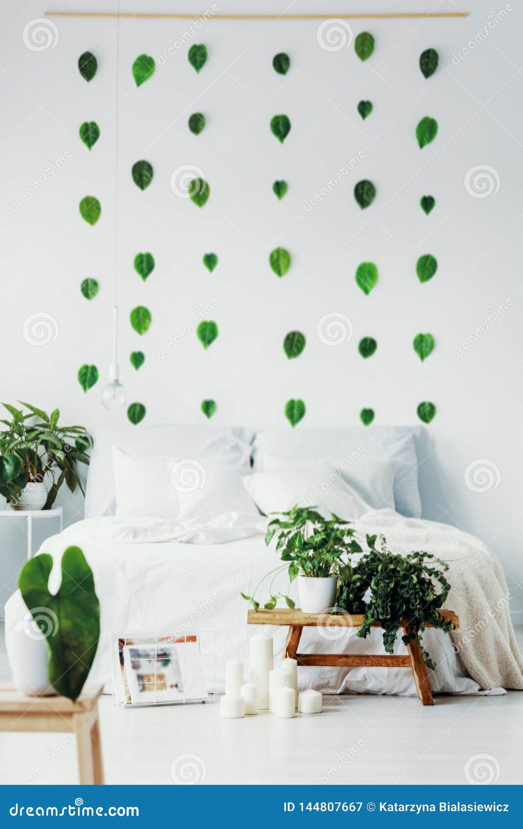 Leafs on White Wall of Cozy Bedroom Interior Stock Image - Image of ...