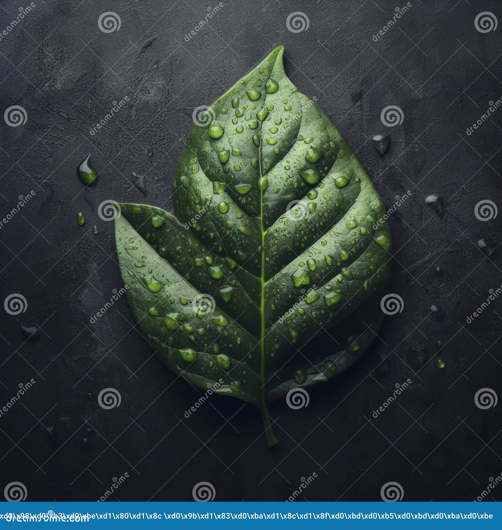 Green Leave with Water Drops on Solid Black Textured Scratch Background ...