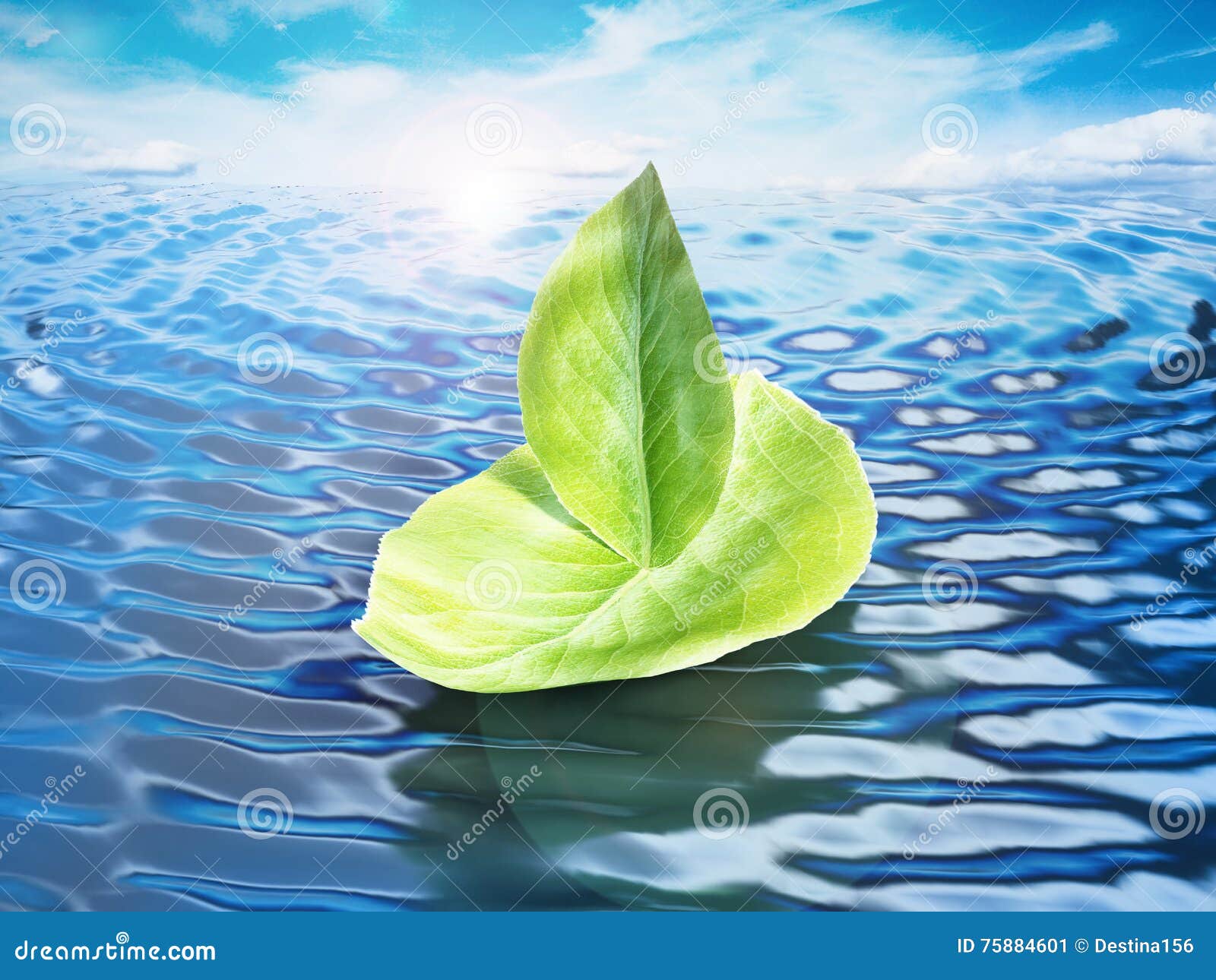 Green Leaves Forming a Ship Floating on Sea Level. 3D Illustration ...