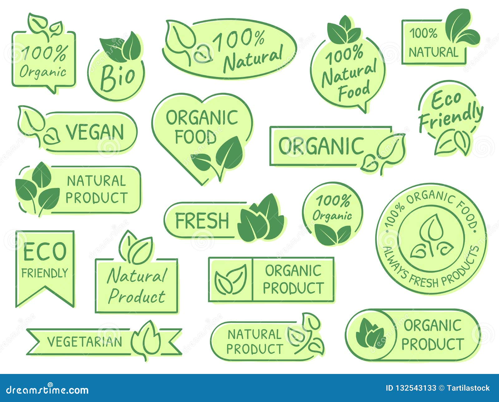 Green Leaves Labels Eco Healthy And Natural Products Stock Vector