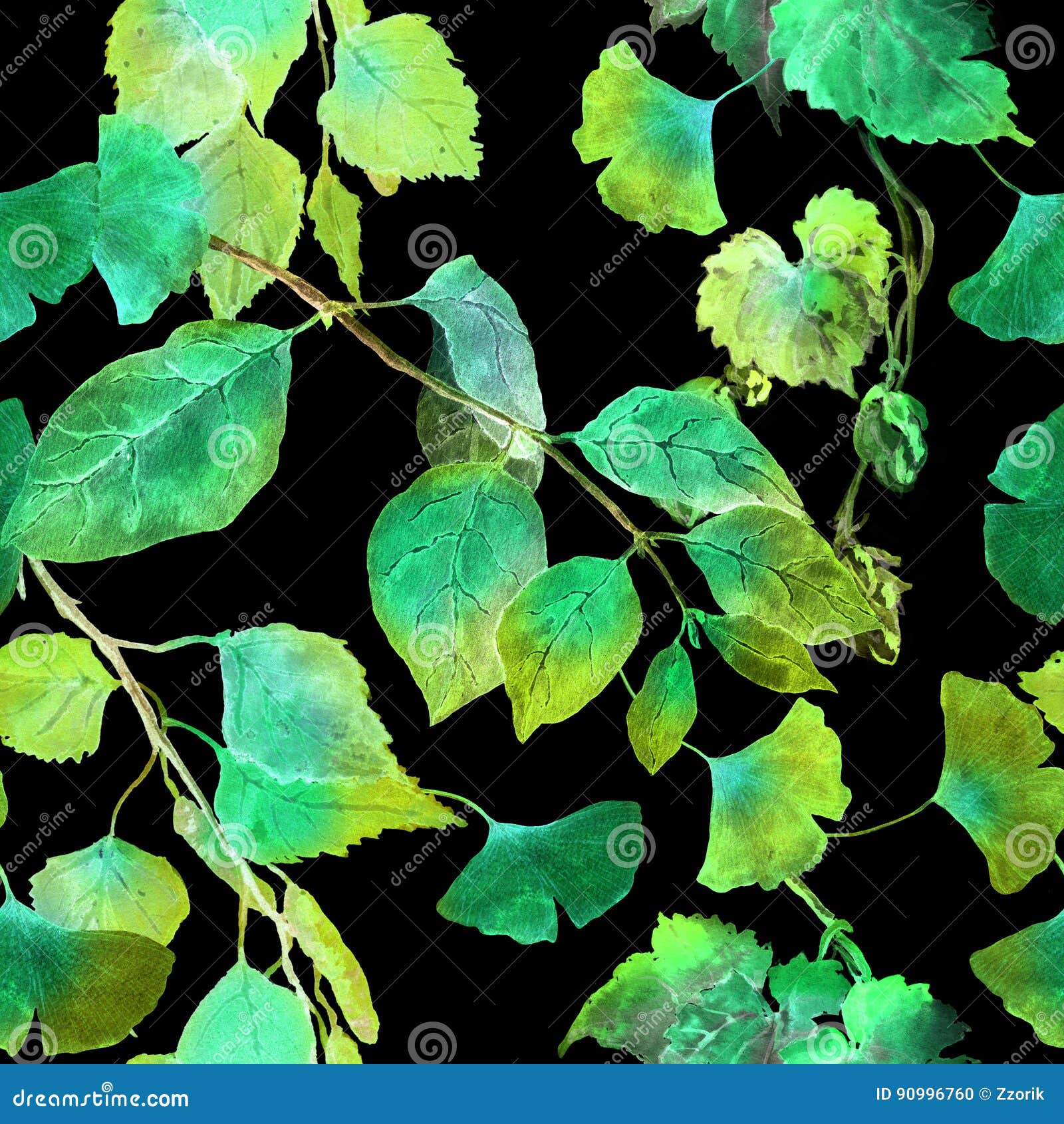 Green Leaves in Night. Seamless Contrast Pattern. Watercolor Stock ...
