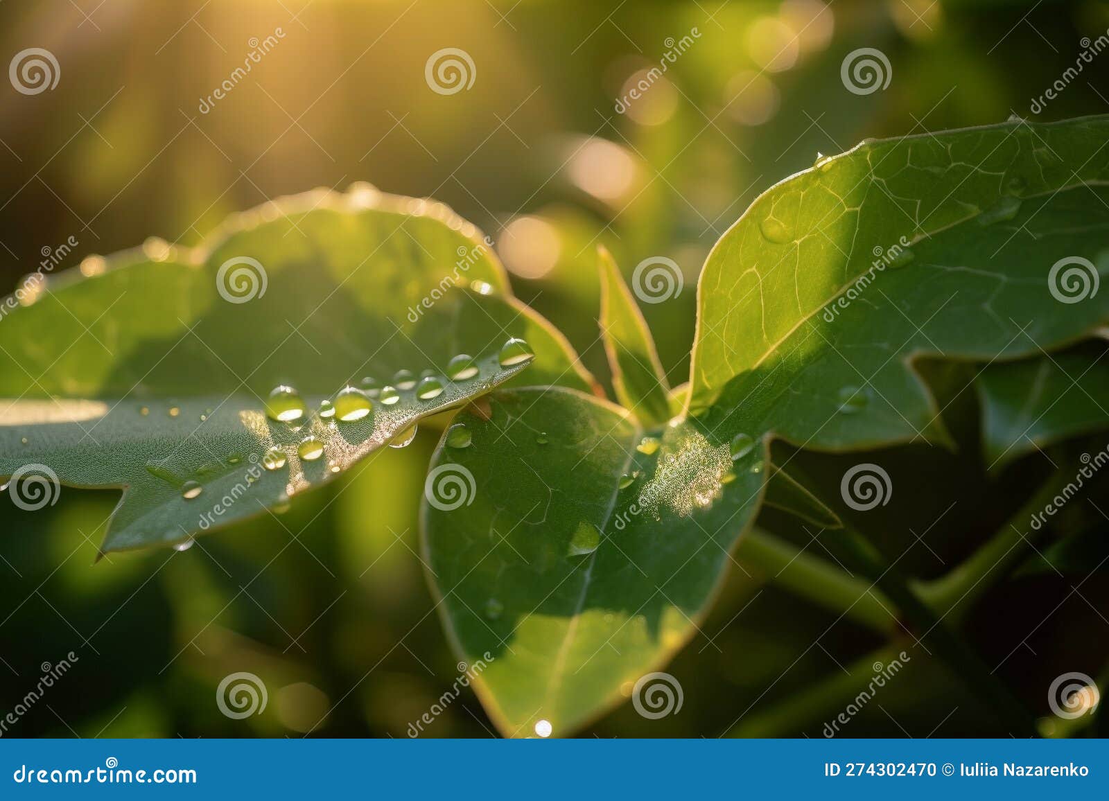 Green Leaves in the Rays of the Morning Rising Sun and Dew Drops. AI ...
