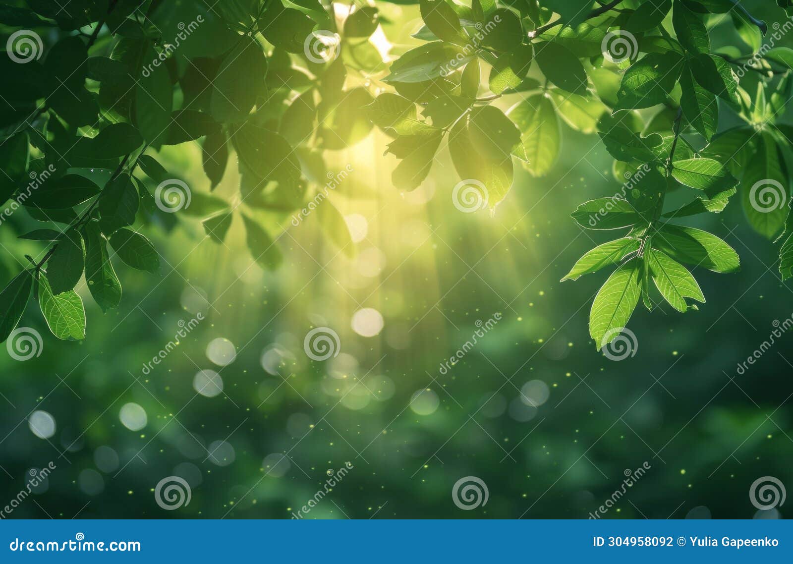 Green Leaves and Sun Rays on a Green Background Stock Photo - Image of ...