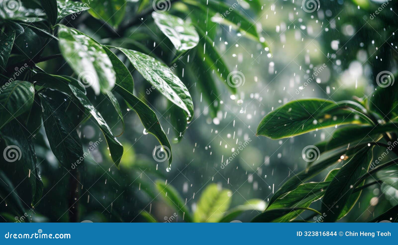 Green Leaves in Tropical Rain with Raindrops Falling Stock Photo ...