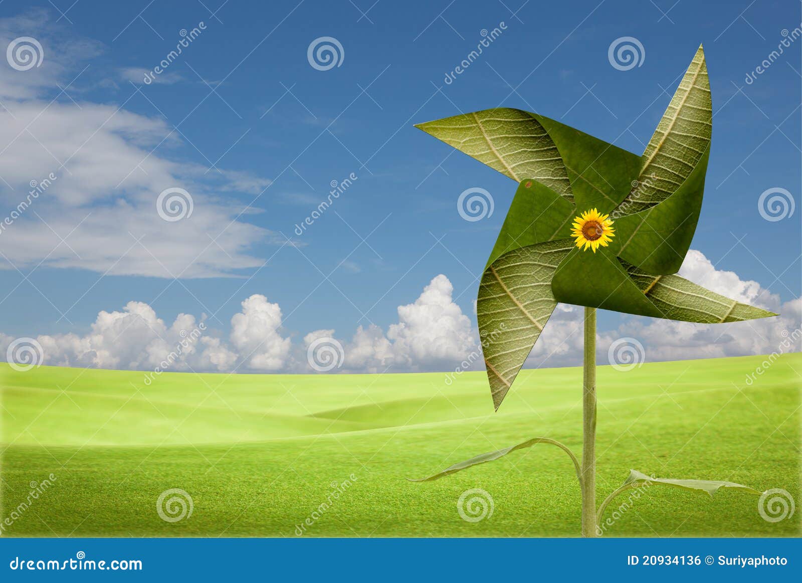Green Leaves Windmill on Meadow Stock Illustration - Illustration of ...